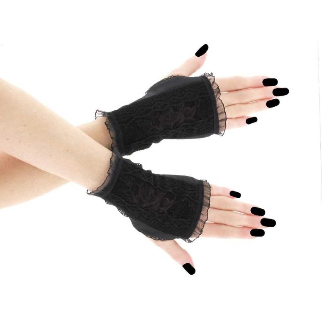 Black Lace Gothic Fingerless Gloves Mittens Thumb Holes Goth, Formal ...