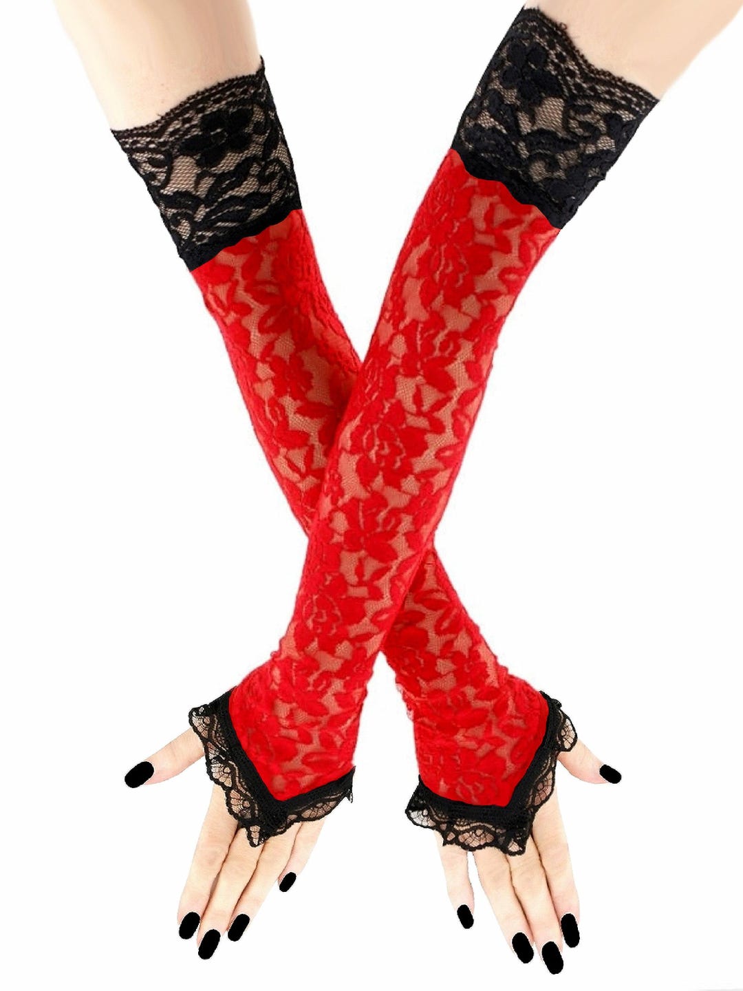 Red Black Lace Fingerless Gauntlets, 20" Extra Long Gothic Floral Arm ...