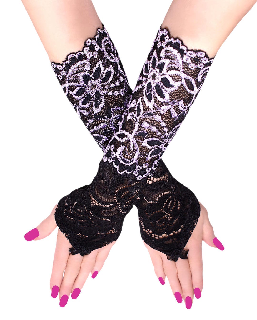 Lace Fingerless Gloves Opera Evening Black Lilac Womens Arm Warmers for ...