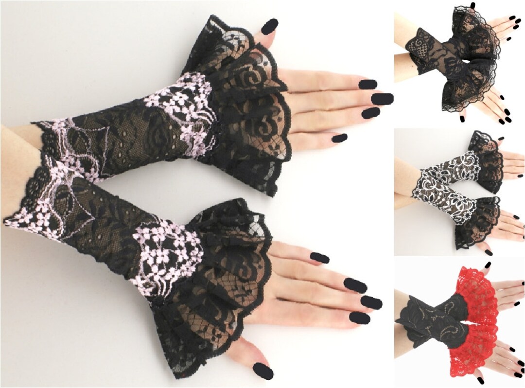 Black Pink Fingerless Ruffled Gloves Womens, Formal Evening Gloves ...