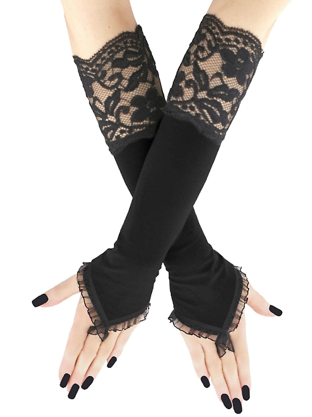 Black Trim Lace Fingerless Gloves Opera Evening Arm Warmers Handmade ...