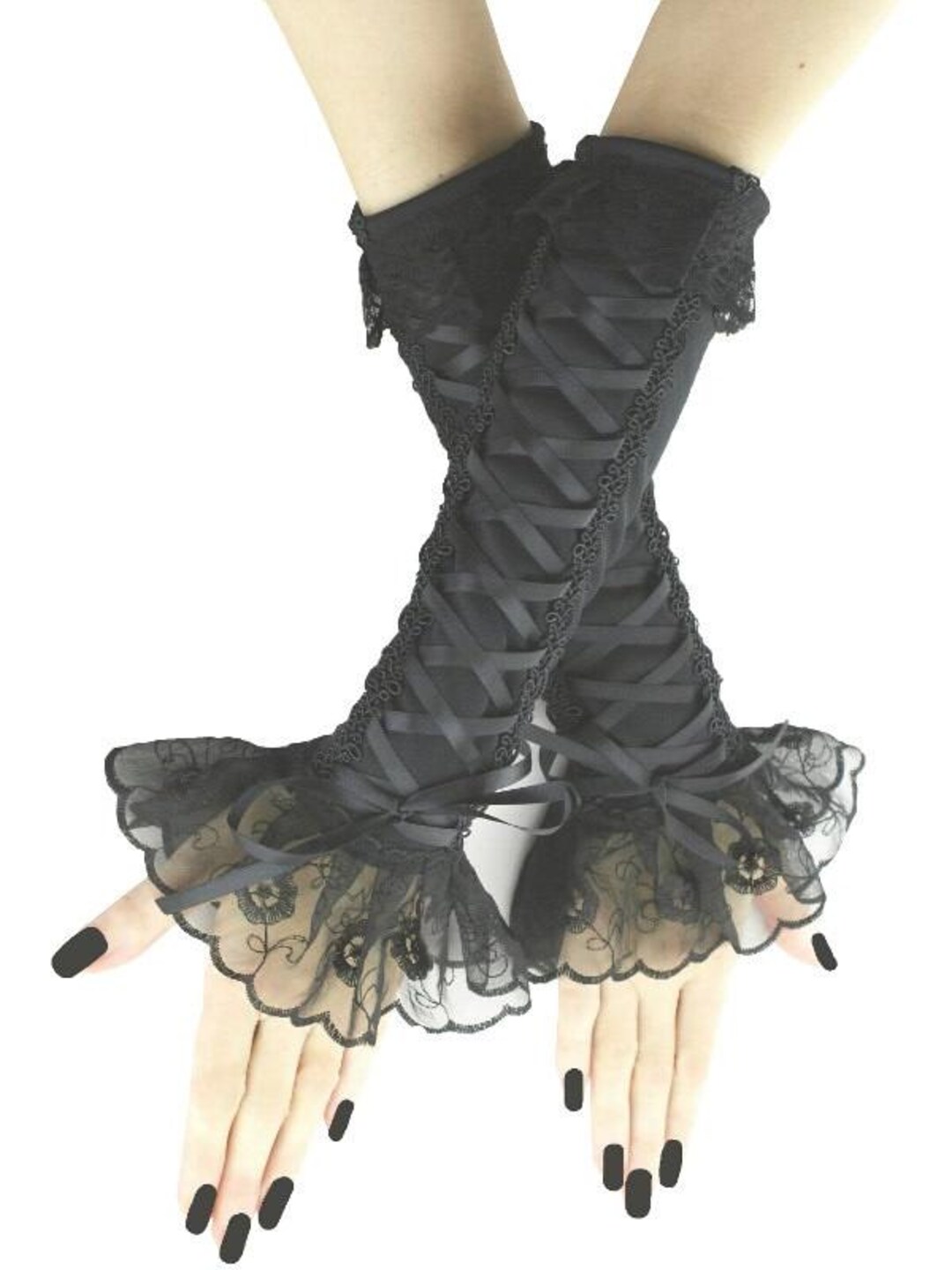 Gothic Lace Fingerless Gloves Corset Laced Elbow Length Arm Warmers ...