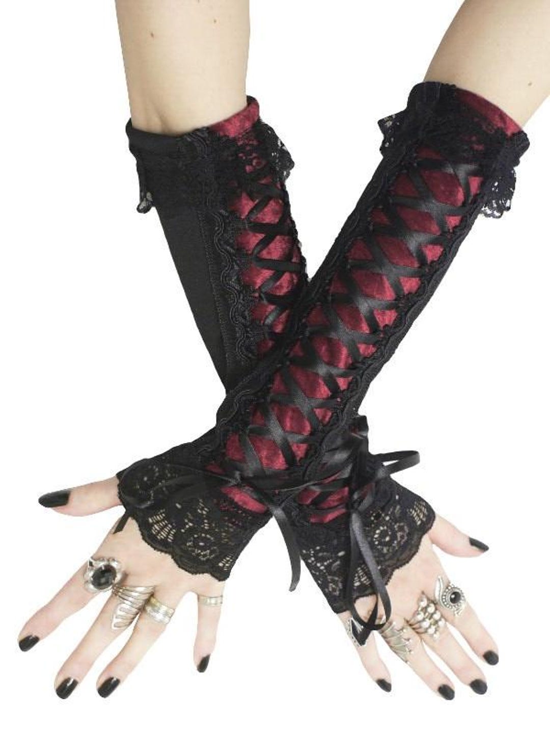 Black Burgundy & Lace Corset Gloves Gothic Fingerless Arm Warmers ...