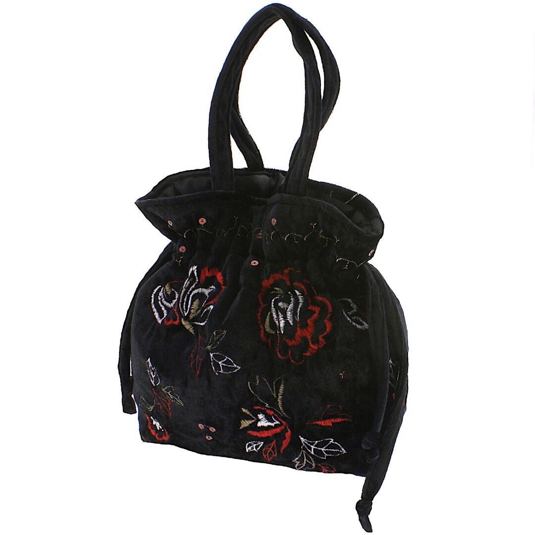 Drawstring Bucket Black Bag Women's Velvet Embroidered Handbag Formal ...