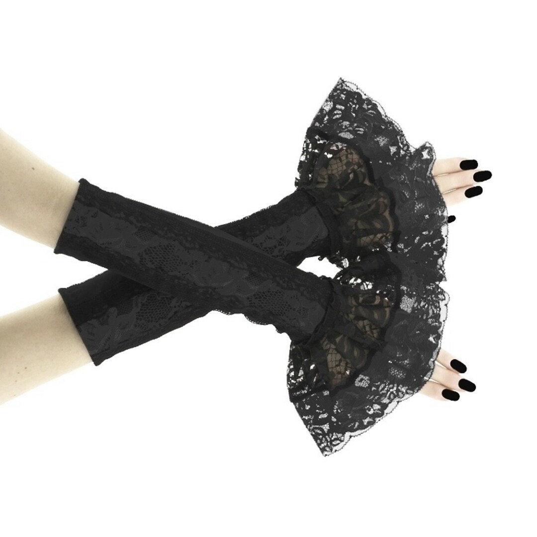 Black Womens Gloves Fingerless Ruffled Evening Warmers Romantic Gothic ...