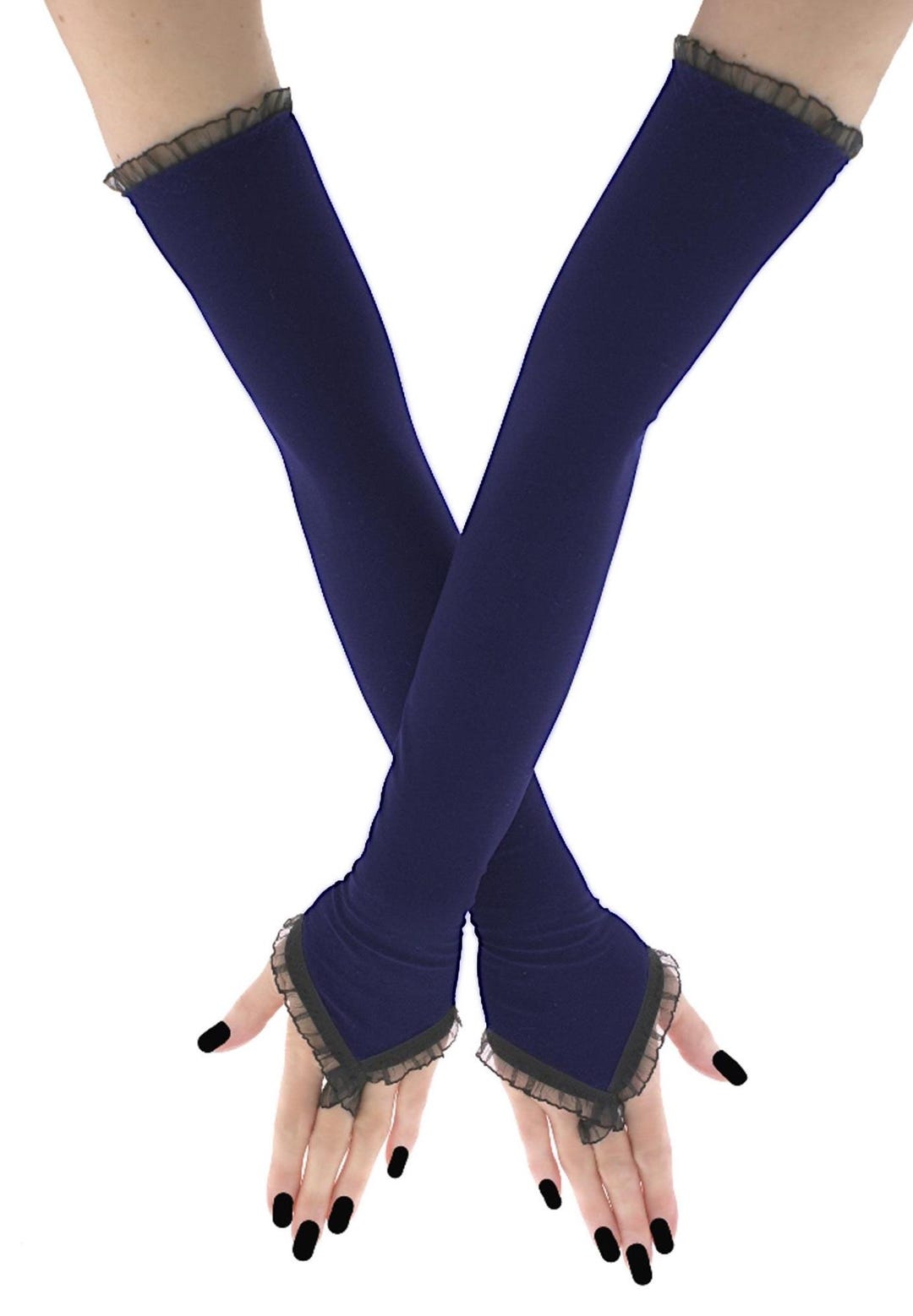 Navy Blue Fingerless Opera Gloves Extra Long Trim Black Lace Evening ...