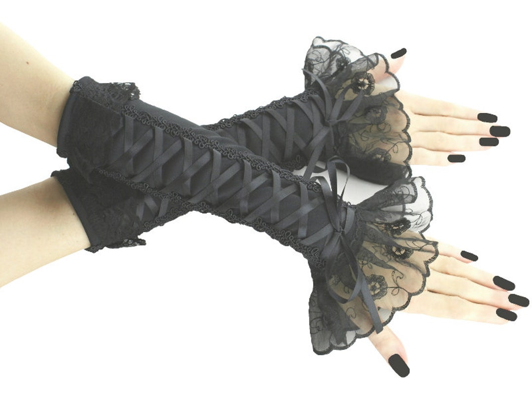 Gothic Fingerless Gloves All Black Evening Gloves Long Warmers Romantic ...