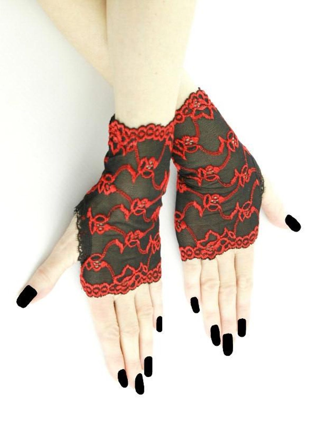 Black Embroidered Floral Lace Fingerless Gloves, Gothic Burlesque Style ...