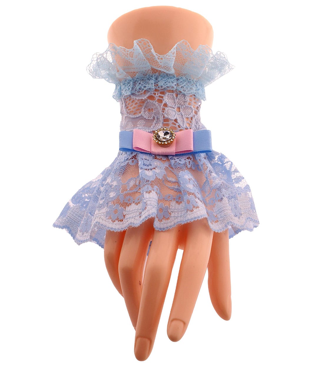 Baby Blue Lace Wrist Cuffs, Pink Bow Rhinestone Bracelet, Ruffled ...