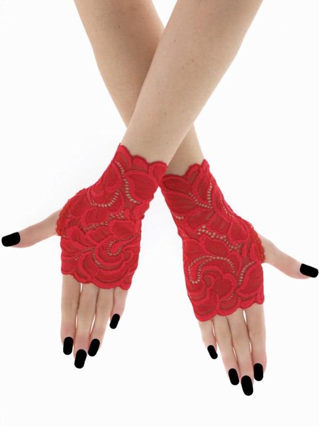 Red Embroidered Floral Lace Fingerless Gloves Gothic Burlesque Style - Etsy