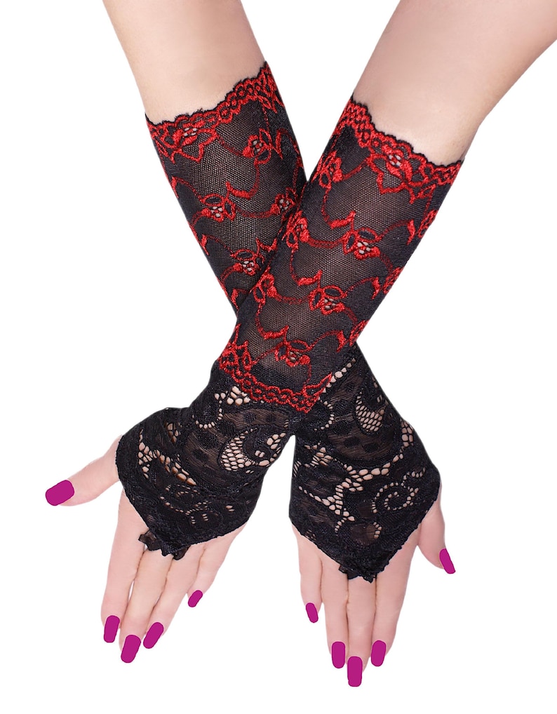 Black Red Lace Fingerless Gloves, Elbow Length Opera Arm Warmers ...