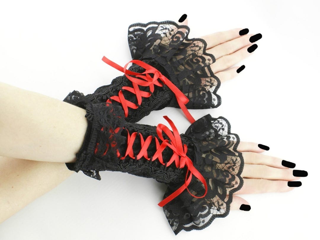 Womens Gothic Gloves Black Red Fingerless Wrist Warmers Romantic ...