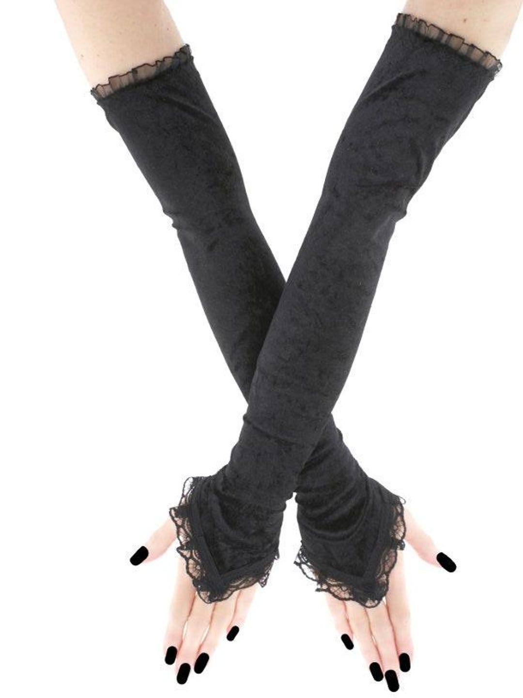 Women Sleeves Black Velvet Trim Lace Fingerless Gloves Gothic Arm ...