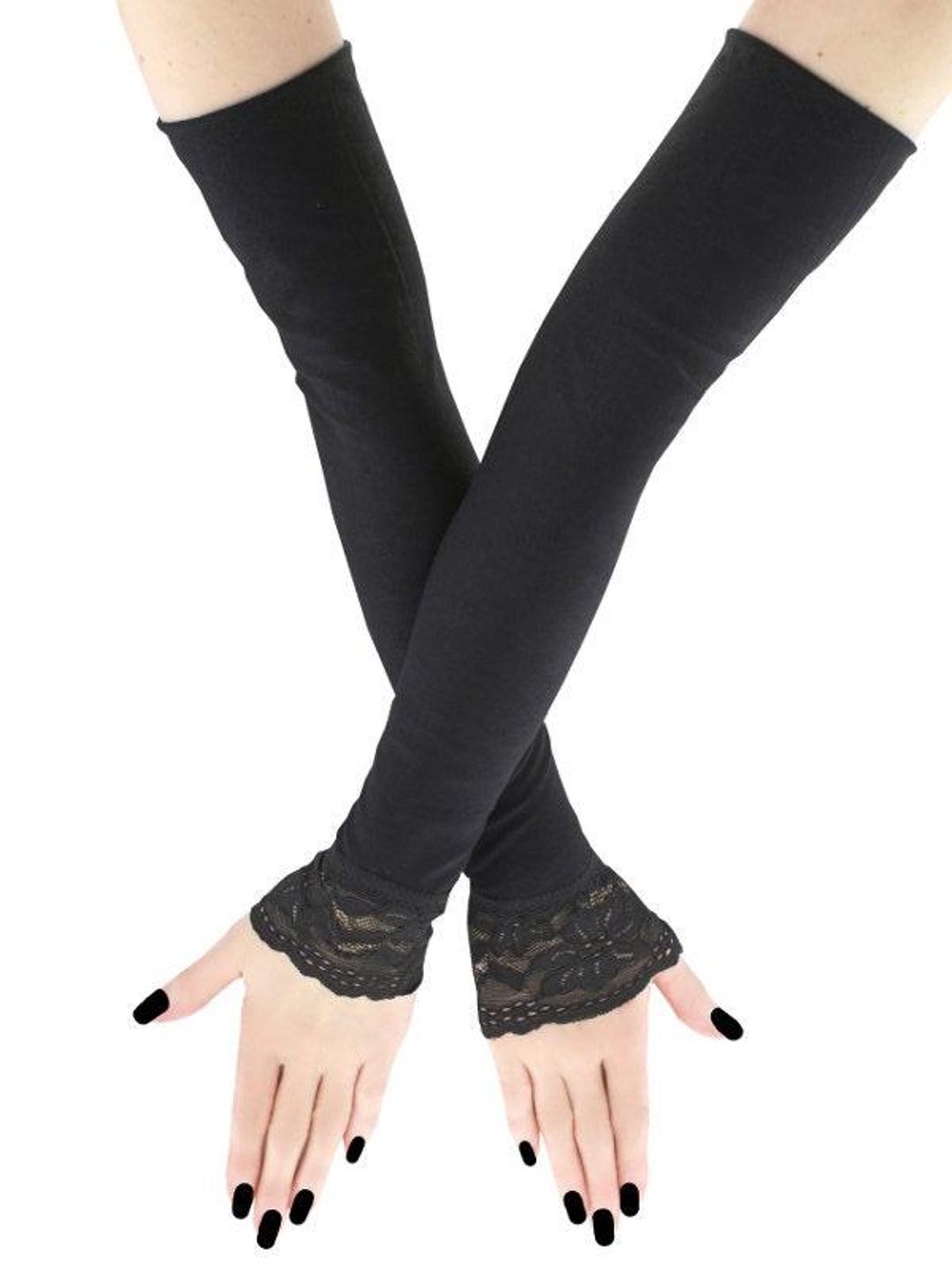 Black Trim Lace Fingerless Opera Gloves Extra Long Gothic Arm Warmers ...