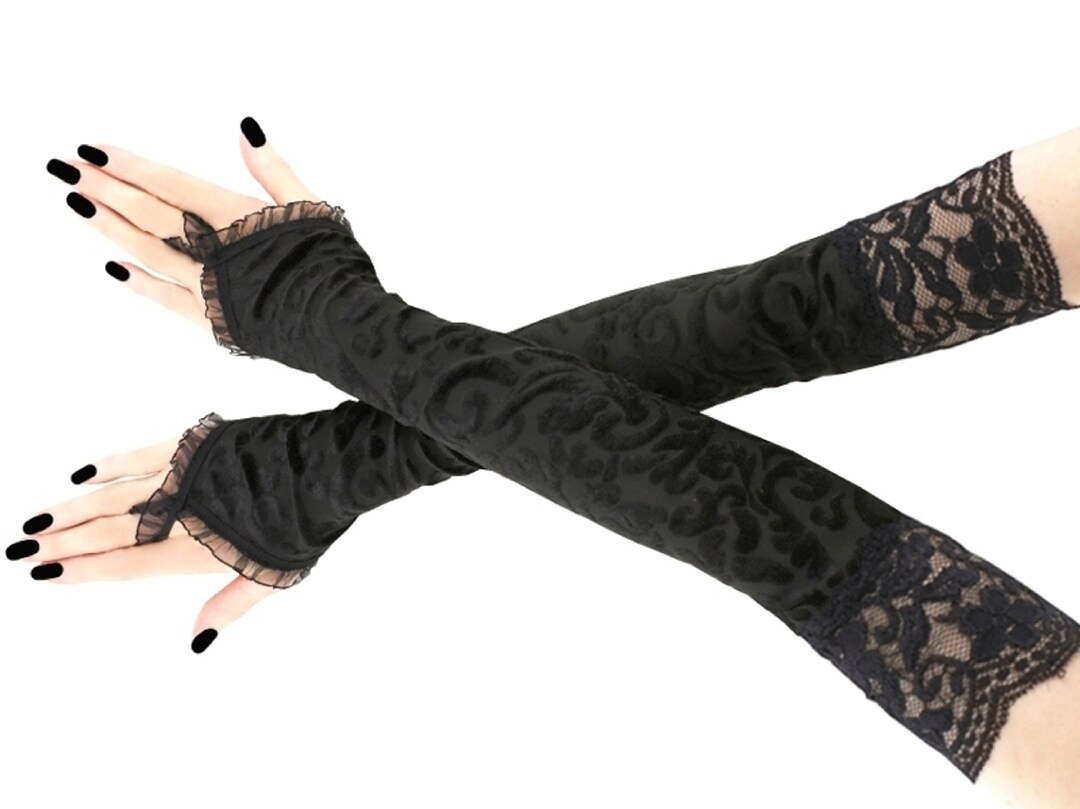 Women Gothic Gloves All Black Extra Long Fingerless Womens Arm Warmers ...