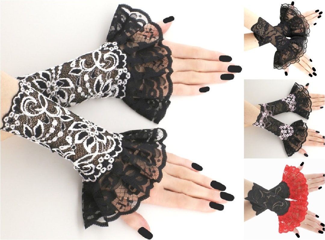 Lace Black Gloves Fingerless Gloves Ruffled Gloves Womens Formal Gloves ...