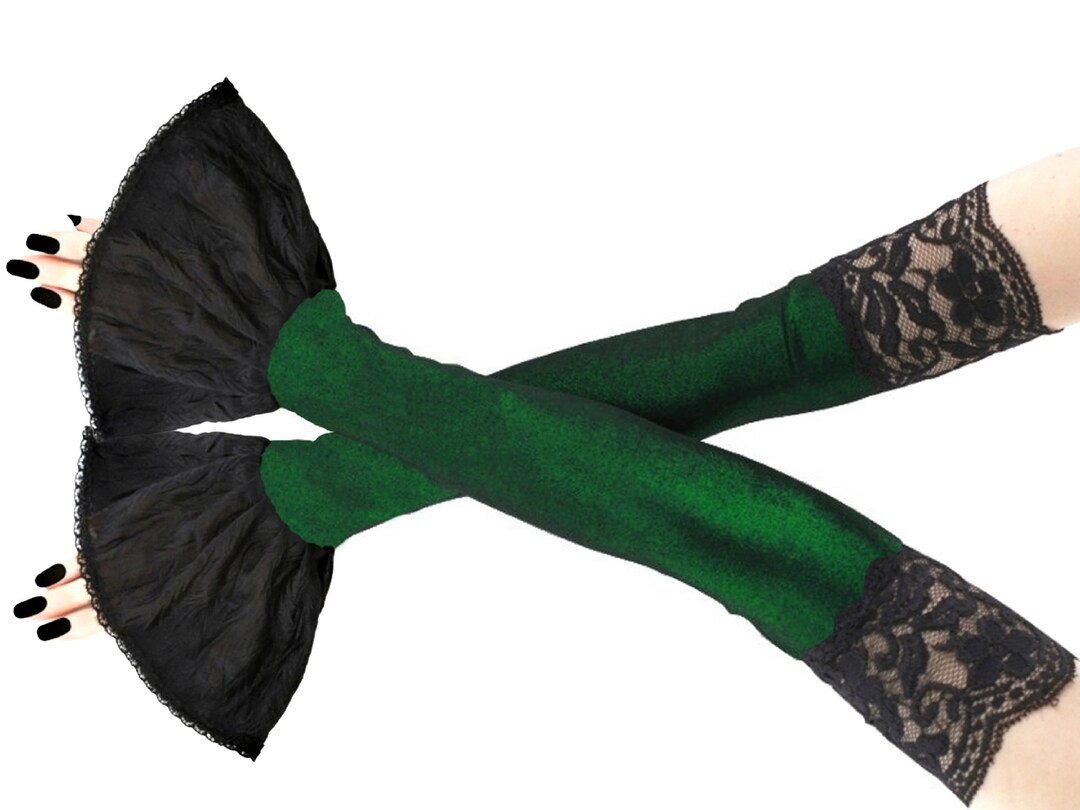 Elegant Glamour Evening Ruffled Gloves Black Lace Extra Long Green Arm ...