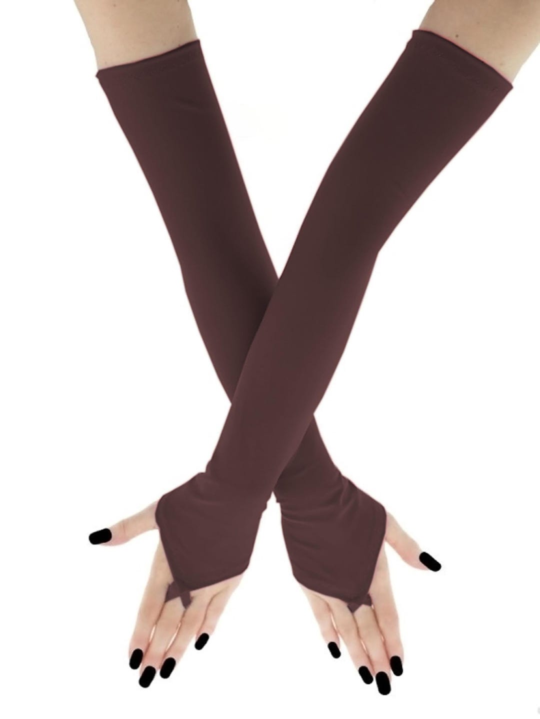 Extra Long Brown Cotton Fingerless Opera Gloves, 20" Stretch Arm ...