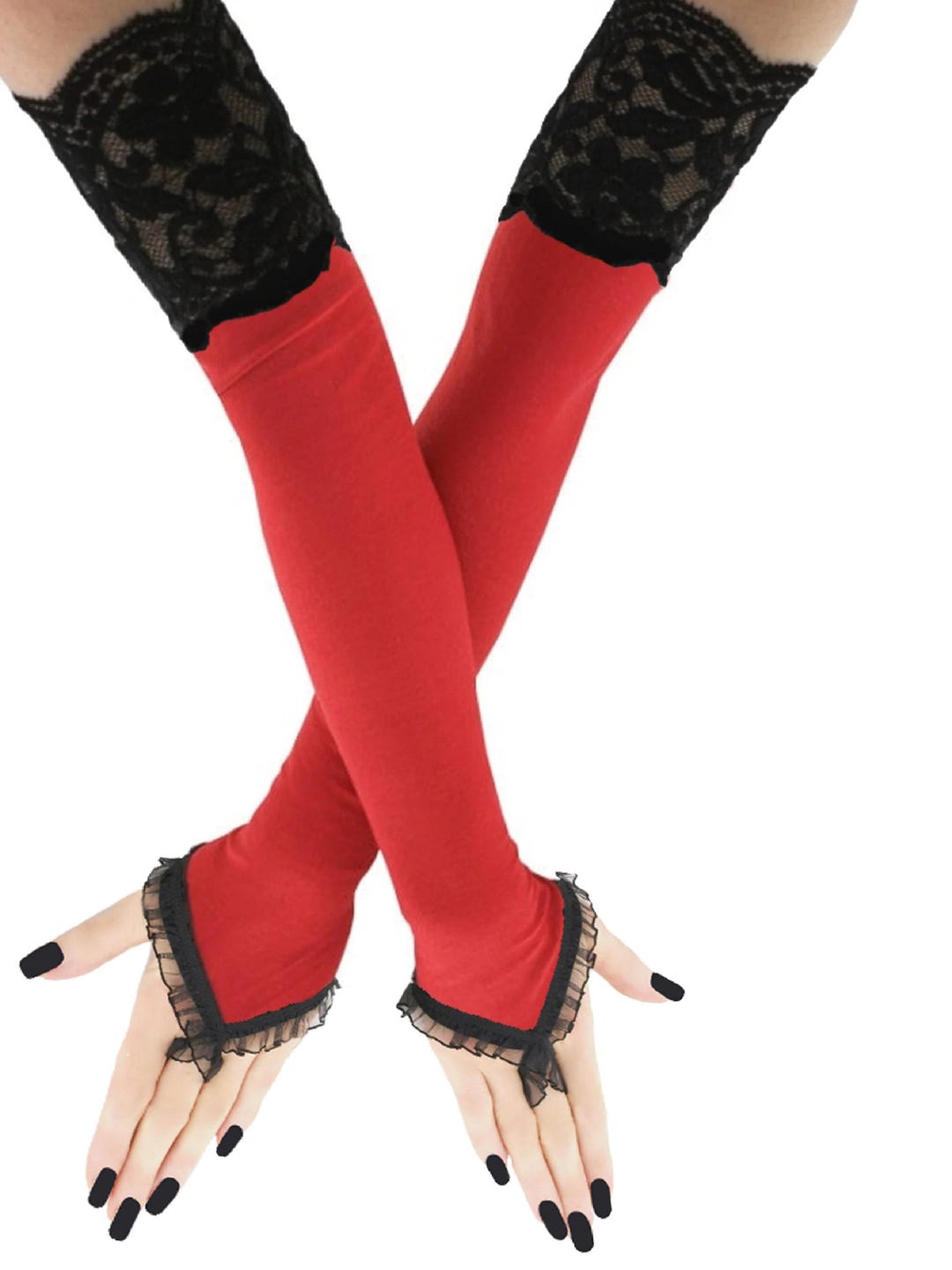 Red & Black Trim Lace Fingerless Opera Gloves Extra Long Evening Women ...