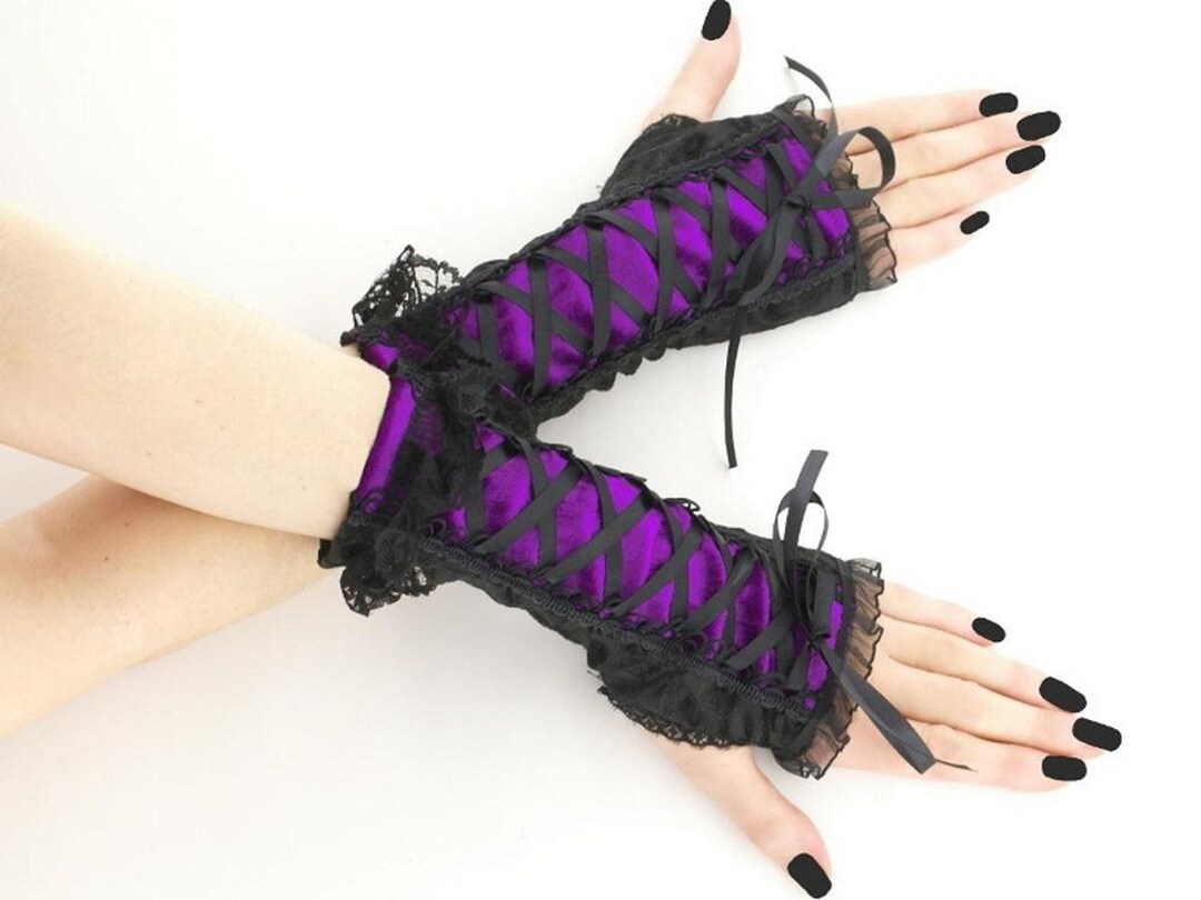 Made to Order Black Purple Fingerless Goth Mittens Thumb Holes Formal ...