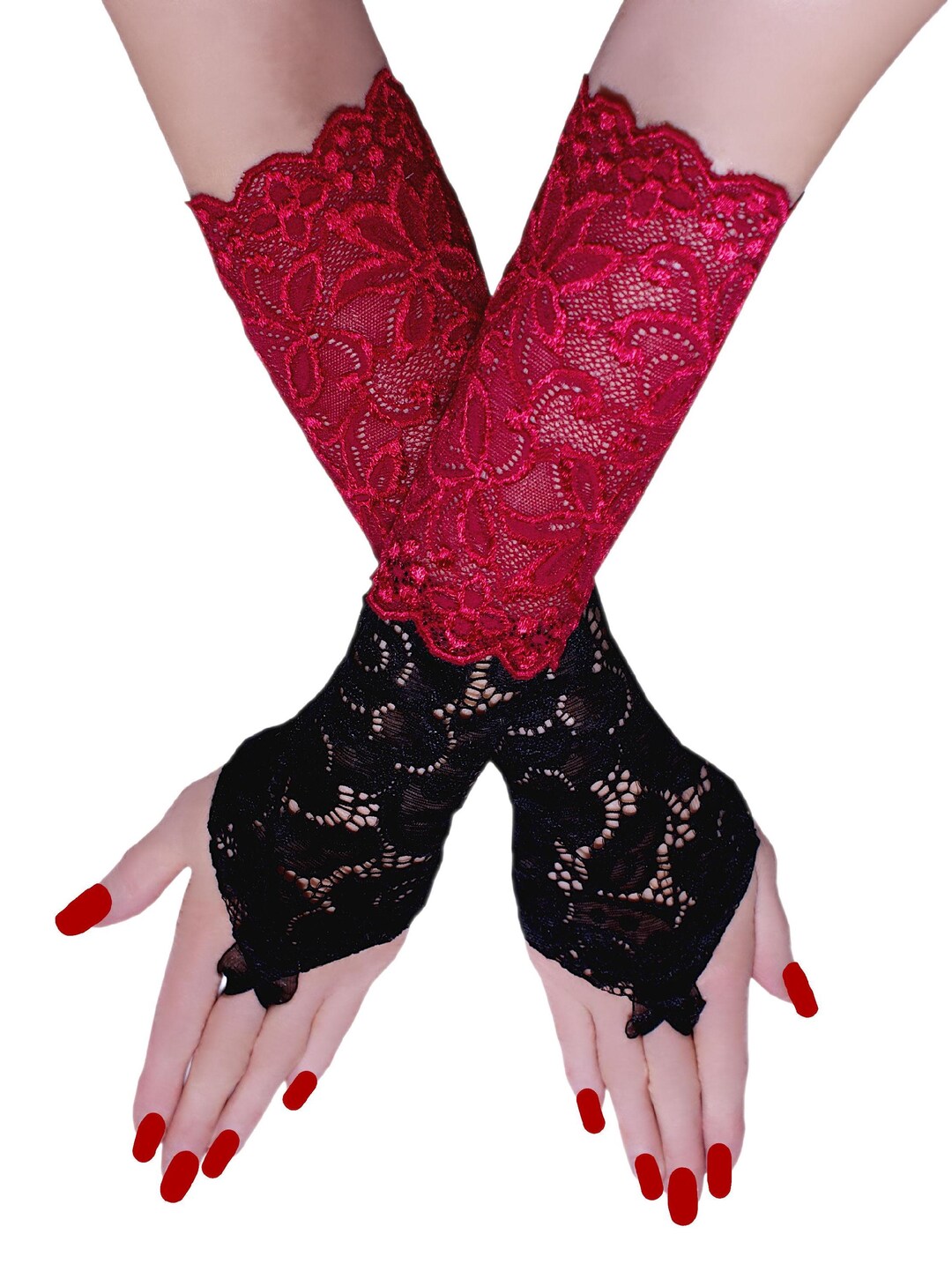 Burgundy and Black Lace Fingerless Gloves With Finger Loop, Two Tone ...