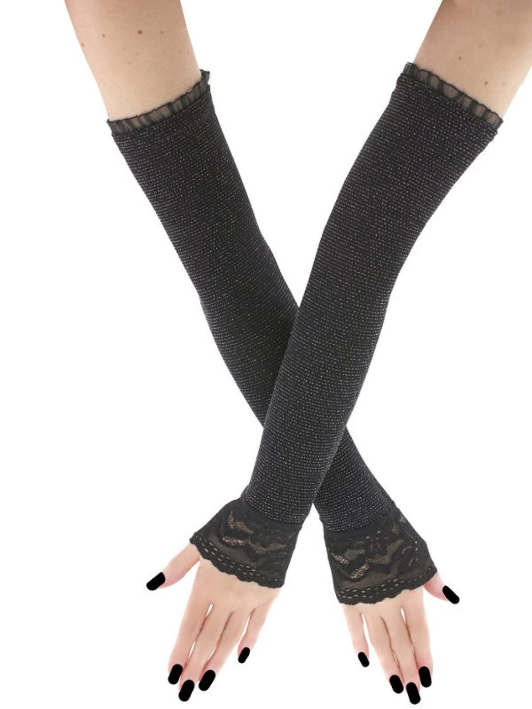 Black Lurex Silver Fingerless Opera Gloves Extra Long Evening Arm ...