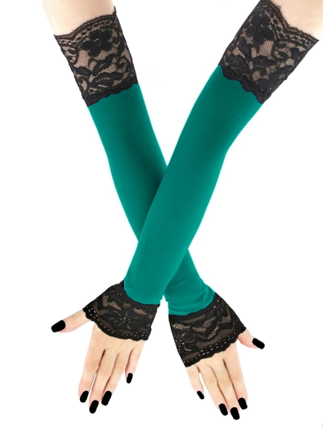 Green Lace Trim Extra Long Opera Arm Warmers, Gothic Victorian Gloves ...