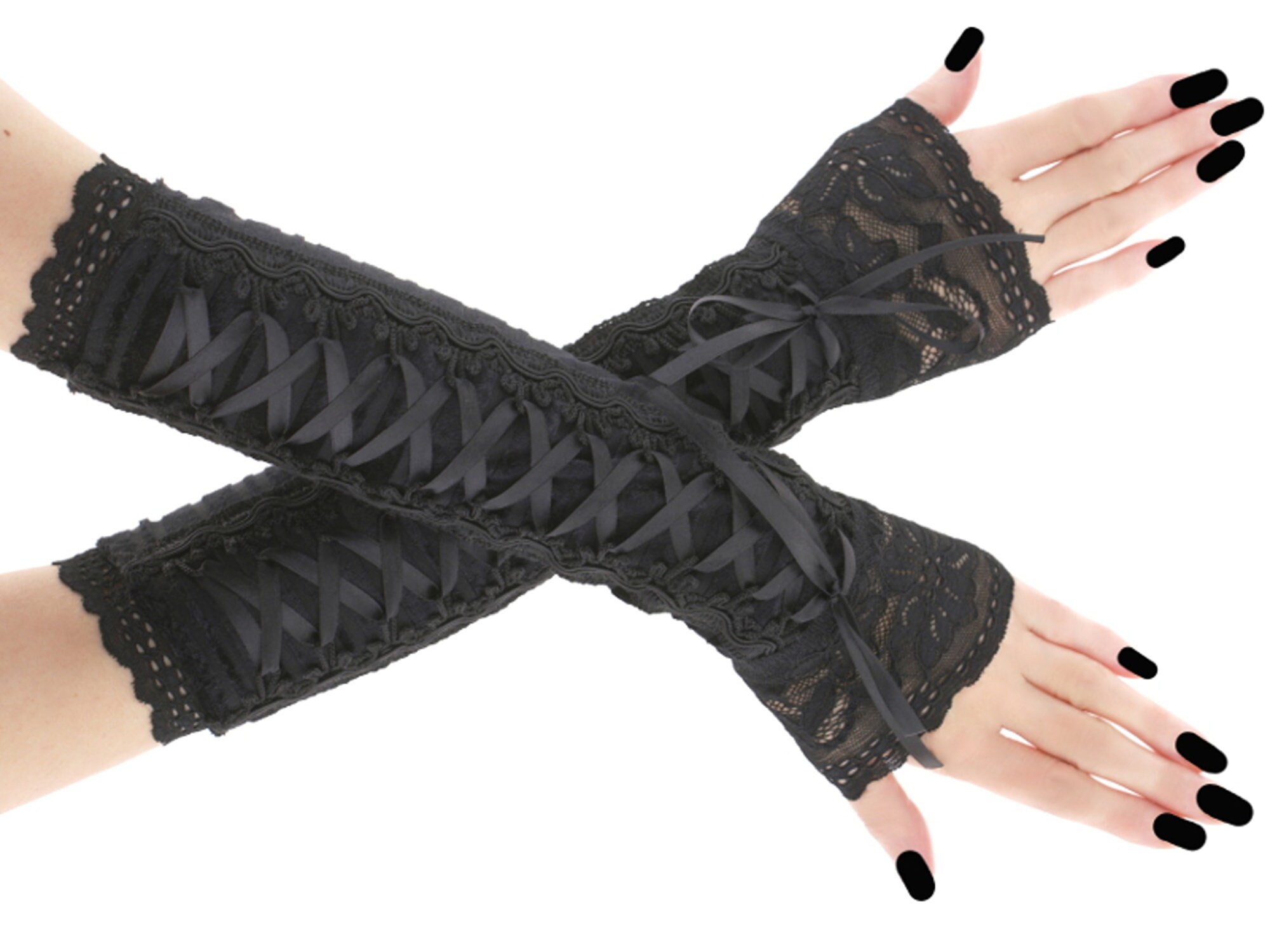 Fingerless Women Gloves All Black Evening Long Arm Warmers Gothic Goth ...