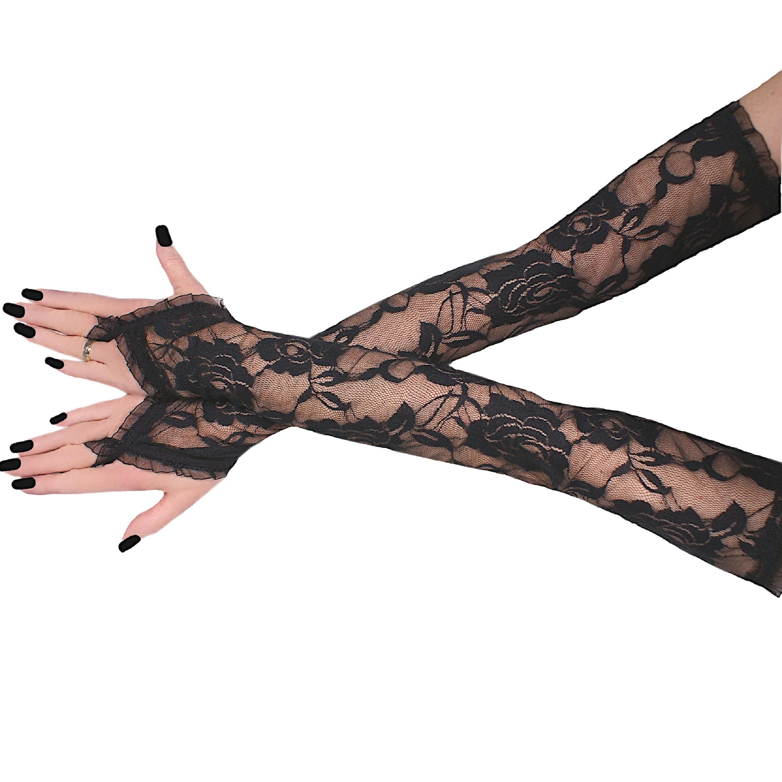 Floral Black Lace Fingerless Gloves, 20" Long Pointed Opera Sleeves ...