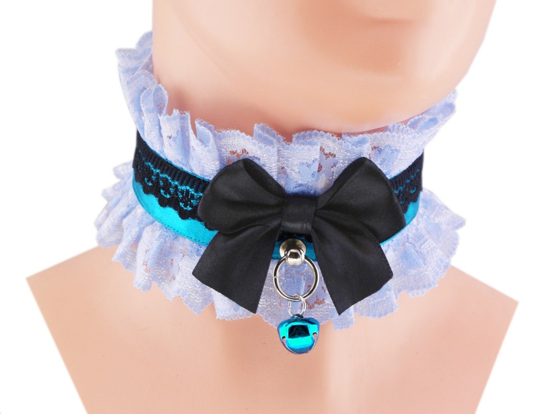 Blue Satin Bow Kitten Pet play Choker Necklace Gear, Ruffled Lace ...