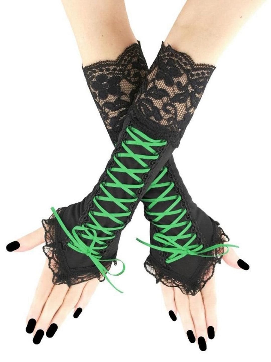 Black Lace Fingerless Gloves With Green Satin Ribbon, Gothic Corset ...