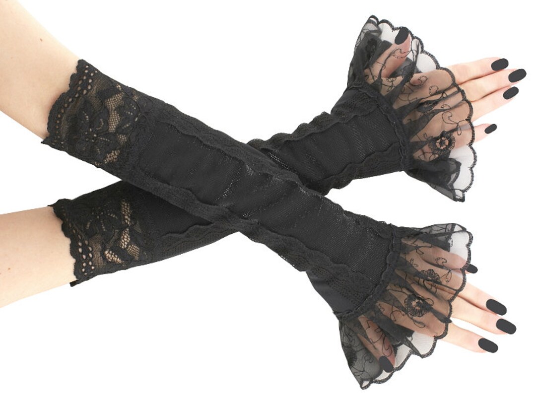 Black Womens Gloves Fingerless Lace Ruffled Elegant Lurex Thread ...