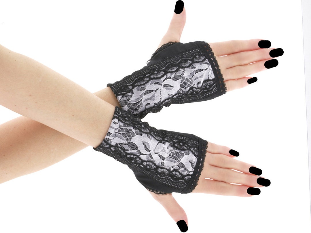 Women Fingerless Goth Gloves Mittens Thumb Holes Black White Formal ...