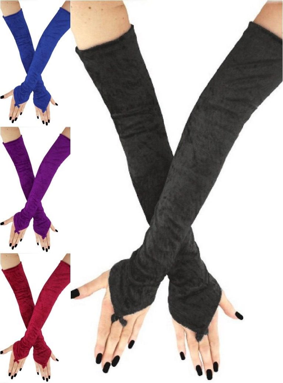 Black Velvet Fingerless Opera Gloves, Pointed Long Arm Warmers With ...