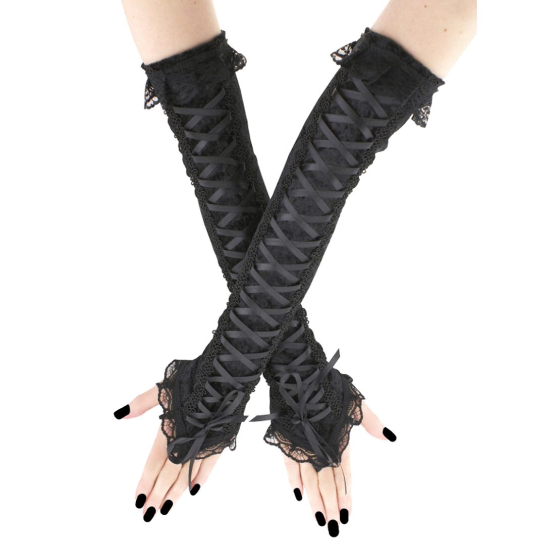 Fingerless Gloves Extra Long Velvet & Lace, 20 Inch Gothic Corset Laced ...