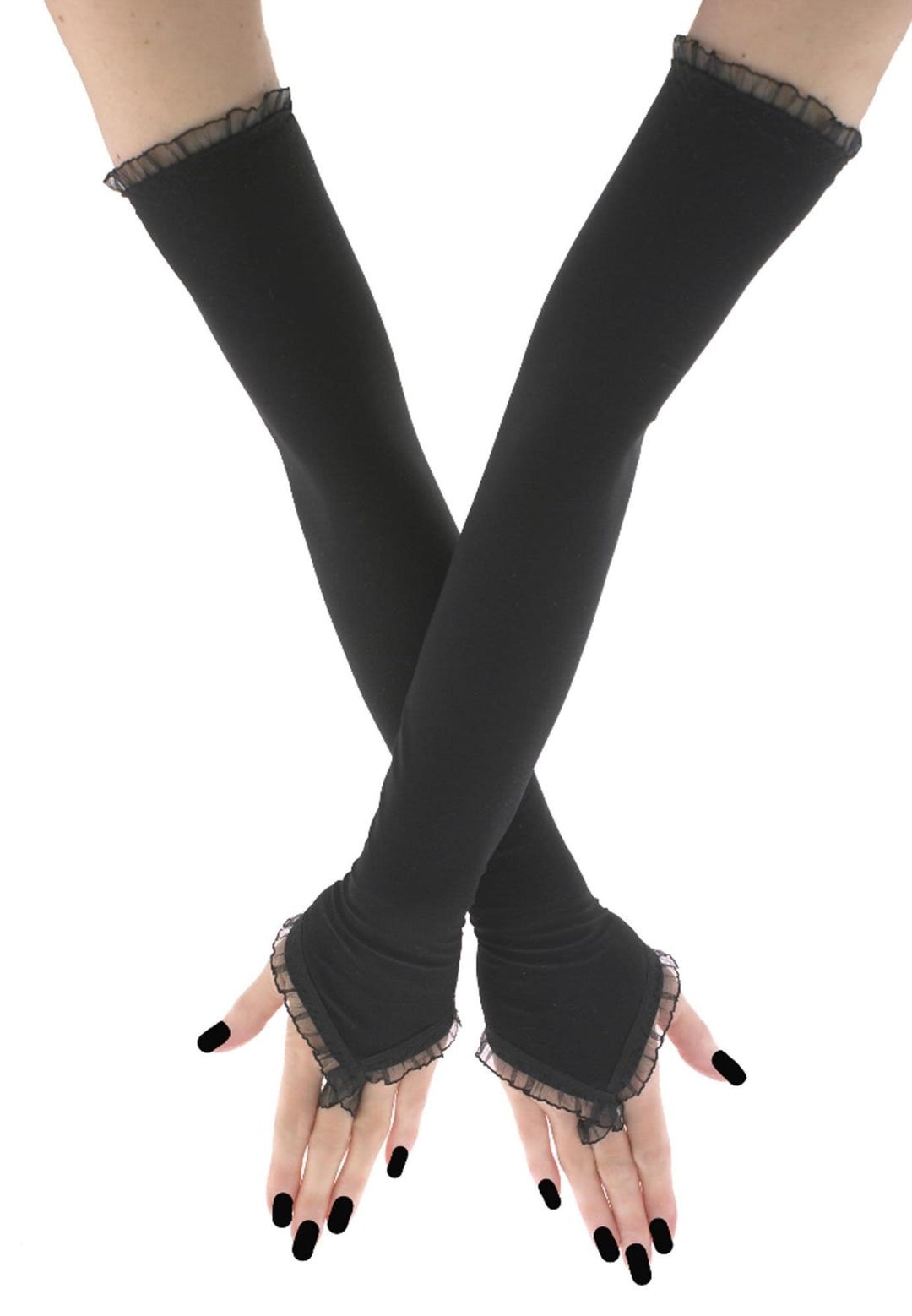 20" Black Stretch Lace Sleeves, Fingerless Opera Gloves With Middle ...