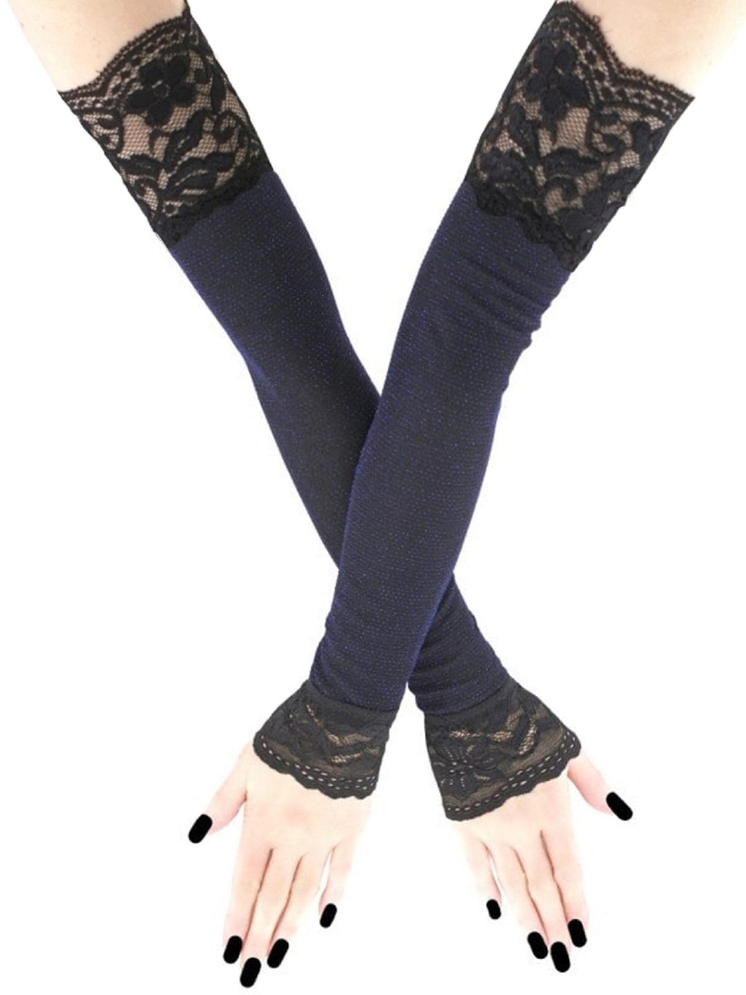Black Blue Lurex Fingerless Opera Gloves Extra Long Evening Arm Warmers ...