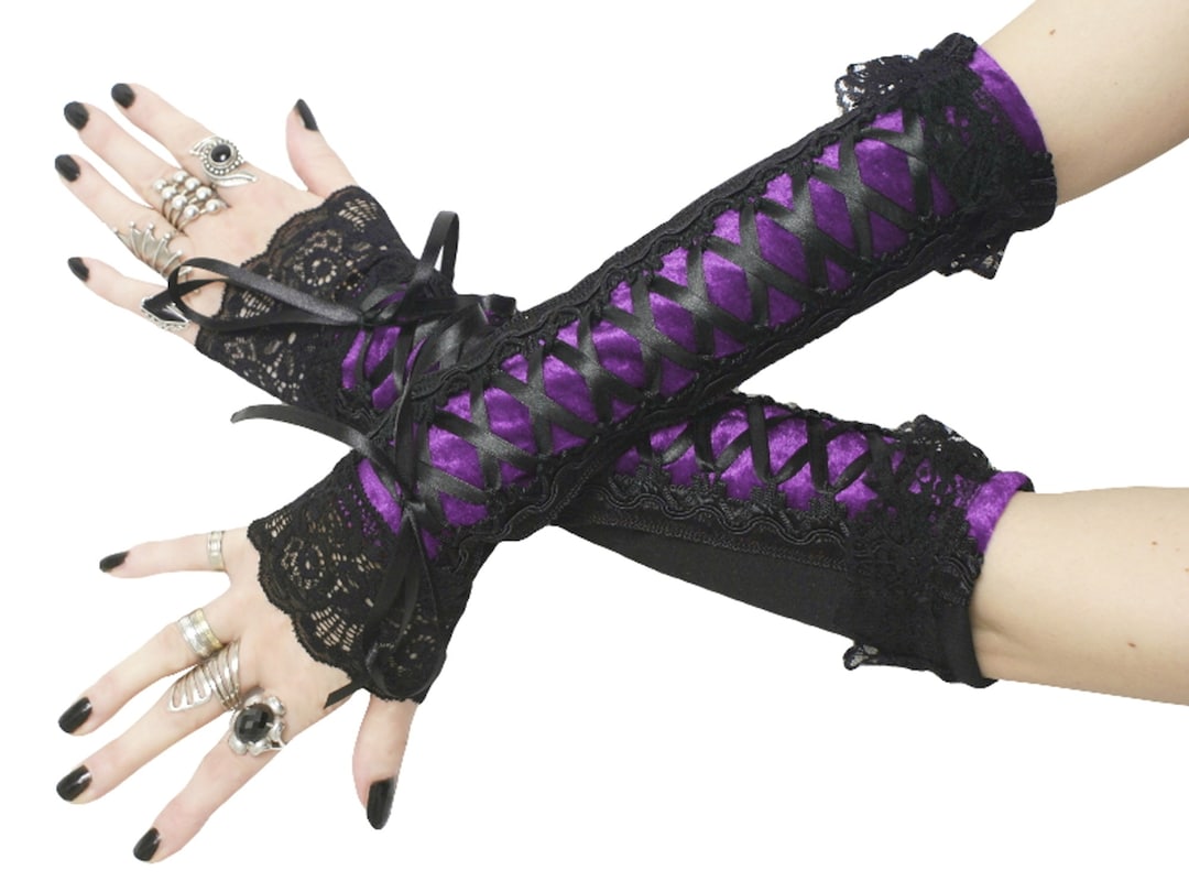 Gothic Gloves Black Purple Womens Goth Fingerless Gloves Costume Arm ...