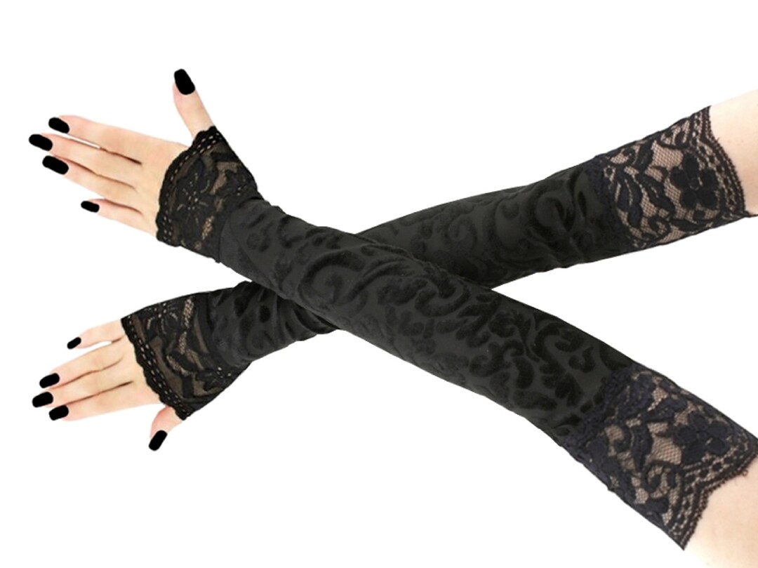Women Gothic Gloves All Black Extra Long Fingerless Womens Arm Warmers ...