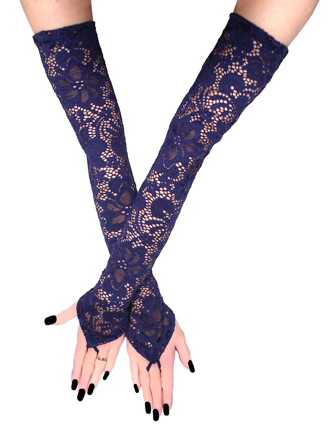 Dark Blue Lace Fingerless Gloves With Finger Loop, 20 Inch Extra Long ...