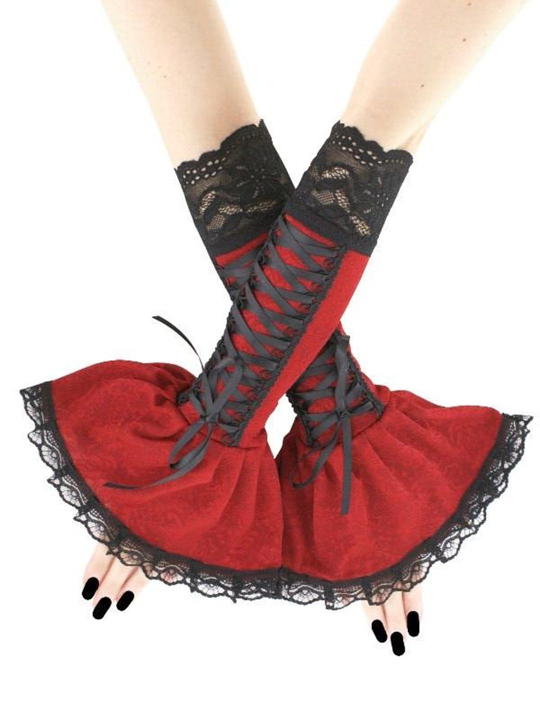 Dark Red and Black Gothic Fingerless Gloves, Textured Fabric Ruffled ...