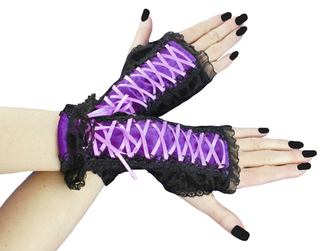 Black Purple Fingerless Goth Mittens Thumb Holes Formal Gothic Gloves ...