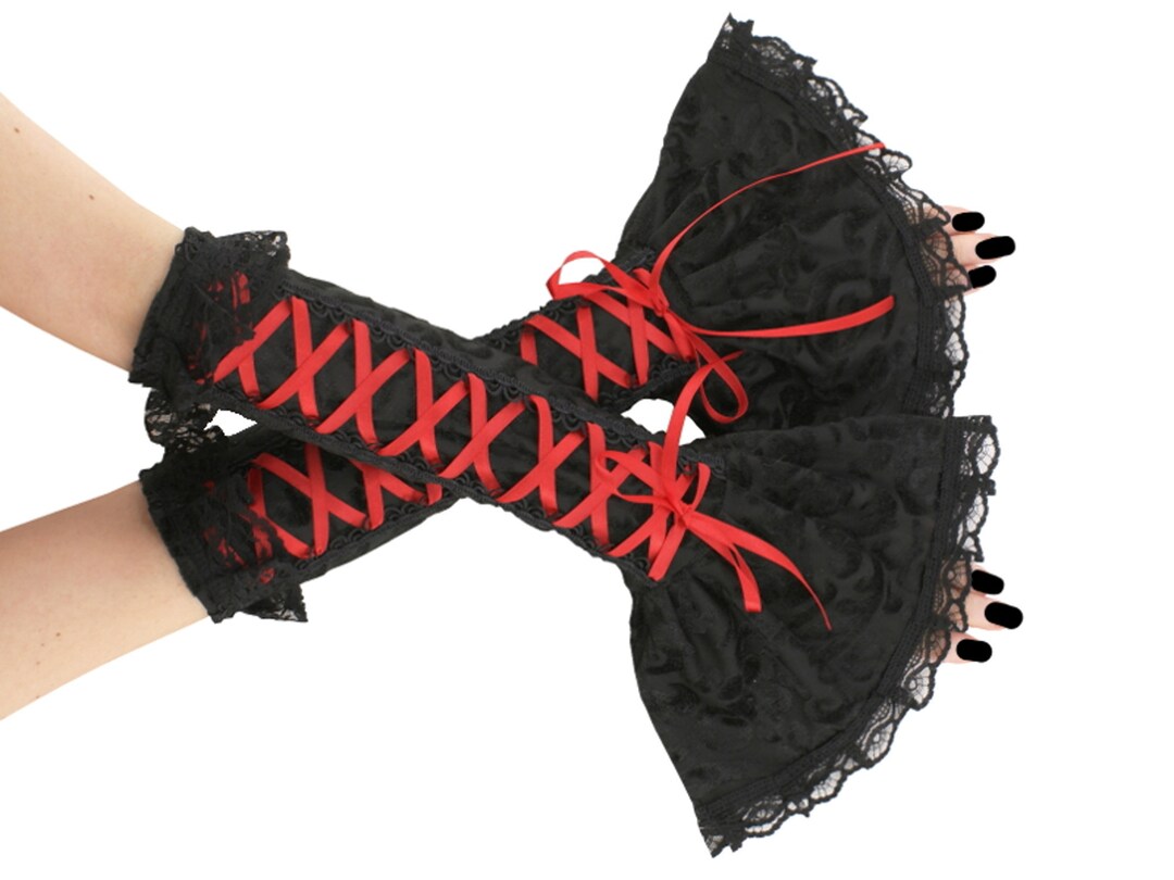 Made to Order Black Red Gothic Gloves Womens Fingerless Ruffled Warmers ...