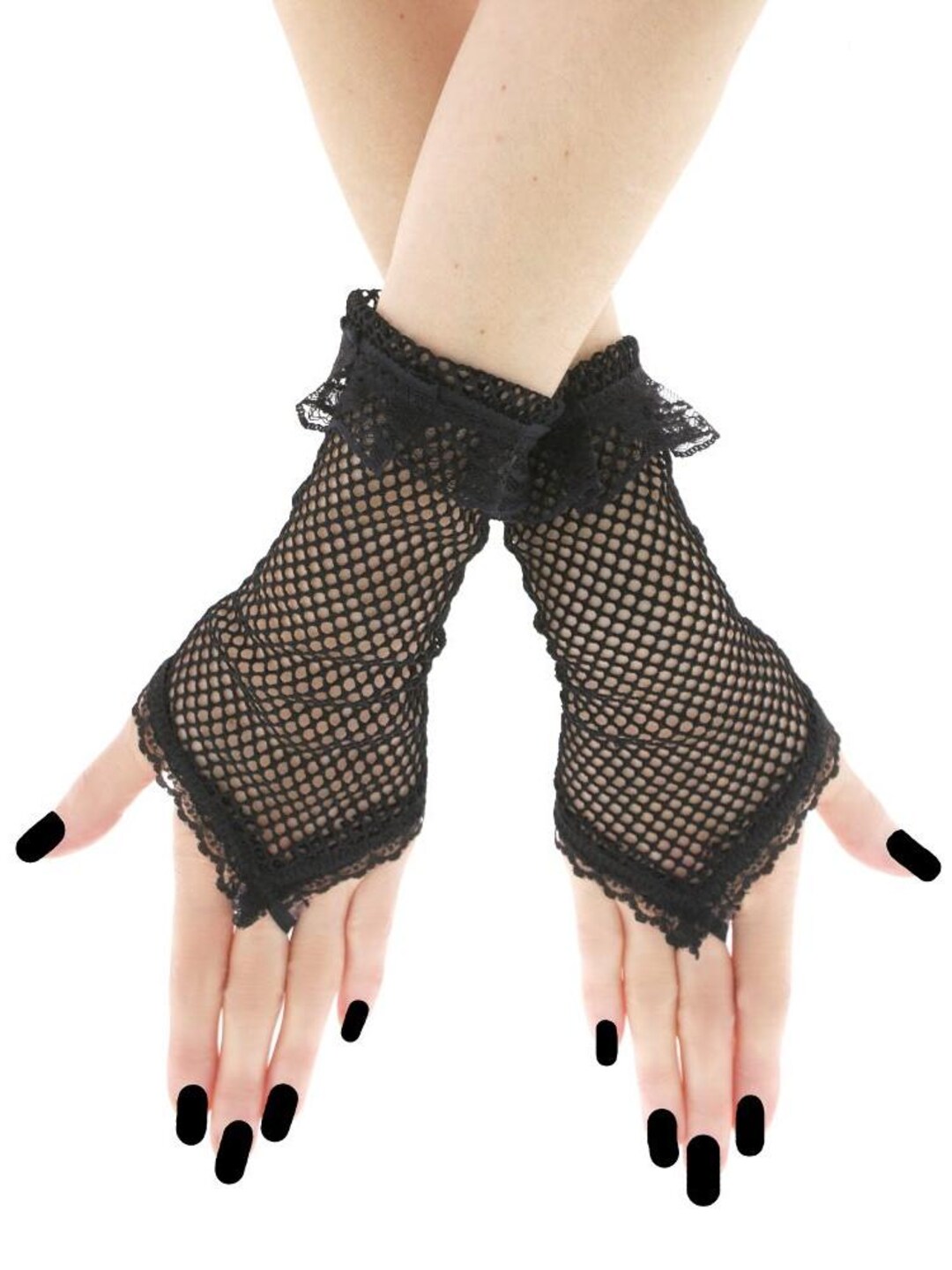 Black Lace Fingerless Gothic Gloves Netting Handmade Costume Wrist ...