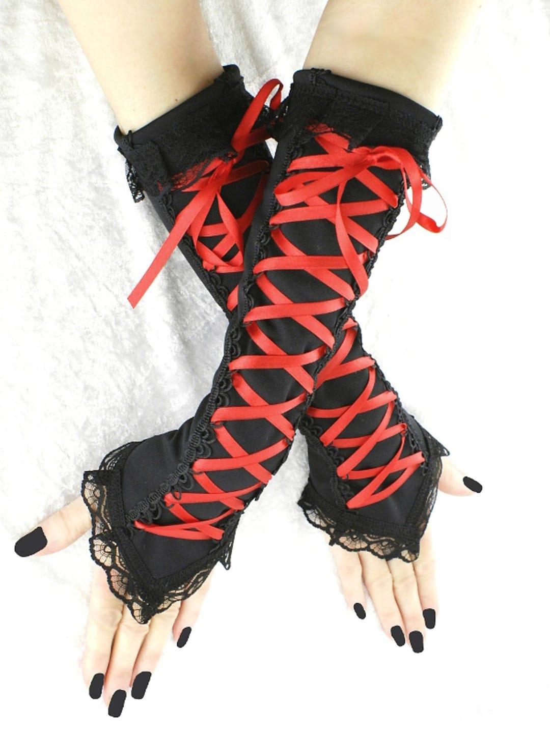 Corset Laced Fingerless Gloves Gothic Trim Lace Elbow Length Arm ...