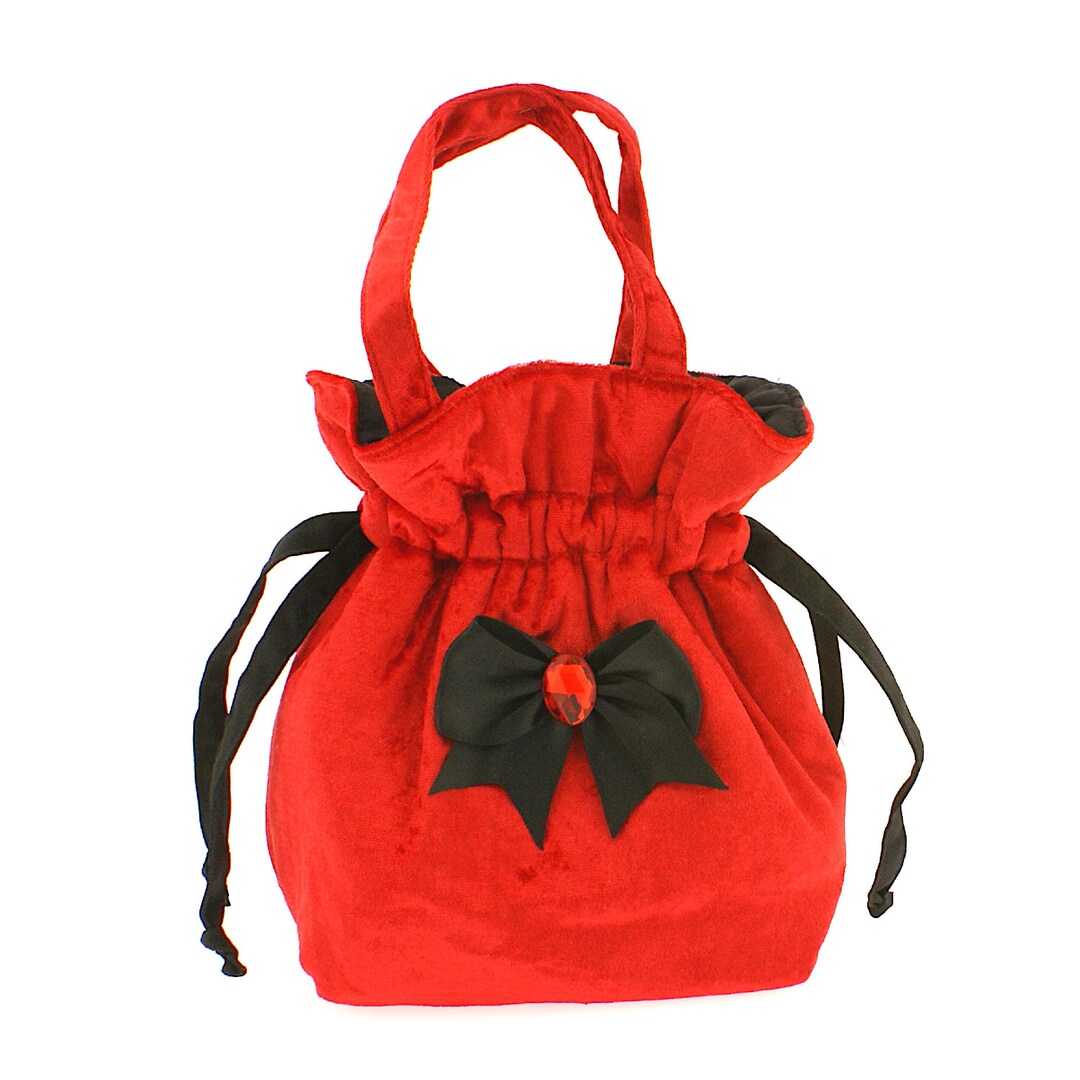 Drawstring Bucket Bag Red Black Goth Womens Velvet Satin Bow Handbag ...