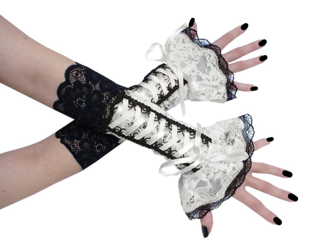 Black Goth Lace Women Gloves Ruffled Fingerless Evening Arm Warmers ...