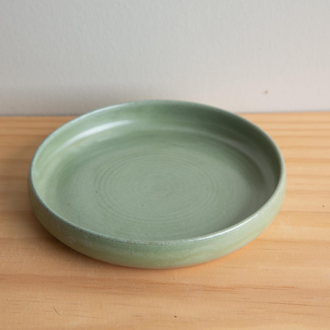 Handmade Pottery - Shallow Ceramic Bowl, Tall Edge Plate in Aloe Green ...
