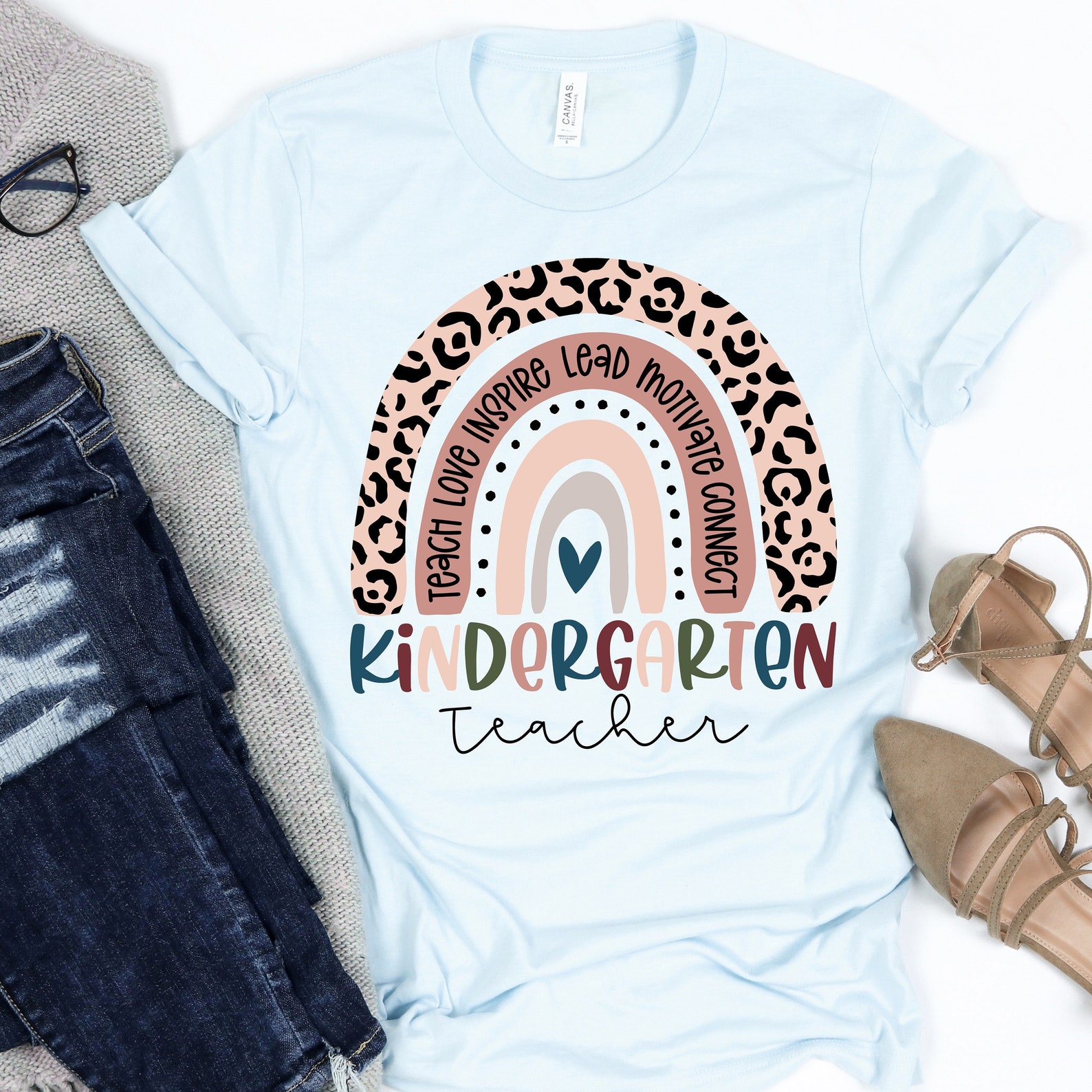 Boho Rainbow Leopard Teacher Grade Level Shirt, Kindergarten Teacher ...