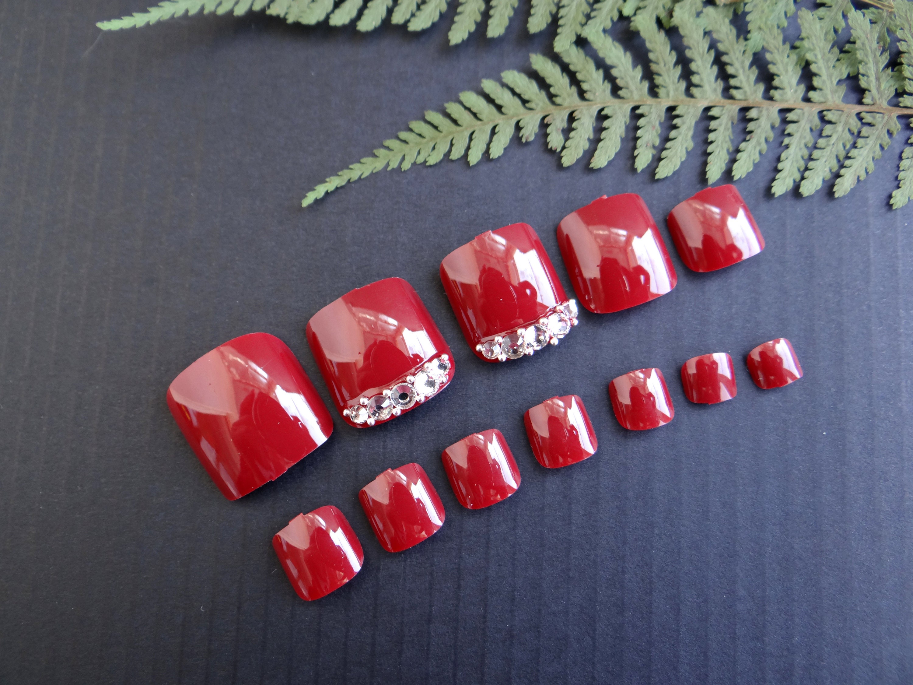 Wine Red Fake Toenails 24pcs False Toe Nails Rhinestone False Nails ...